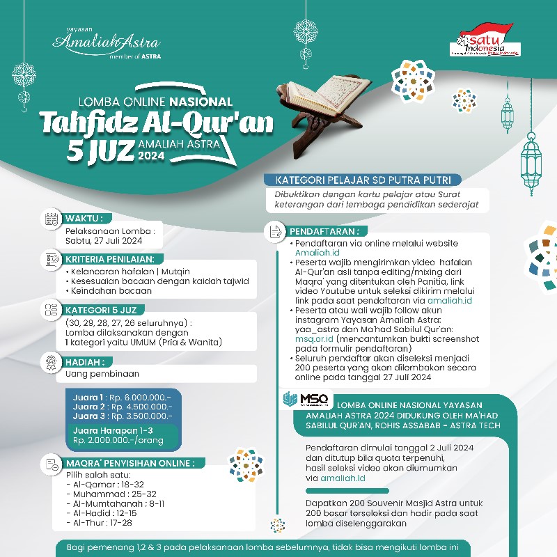 Pendaftaran Lomba Tahfidz 5 Juz Tingkat SD-SMP | Amaliah Astra 2024 | Amaliah.id